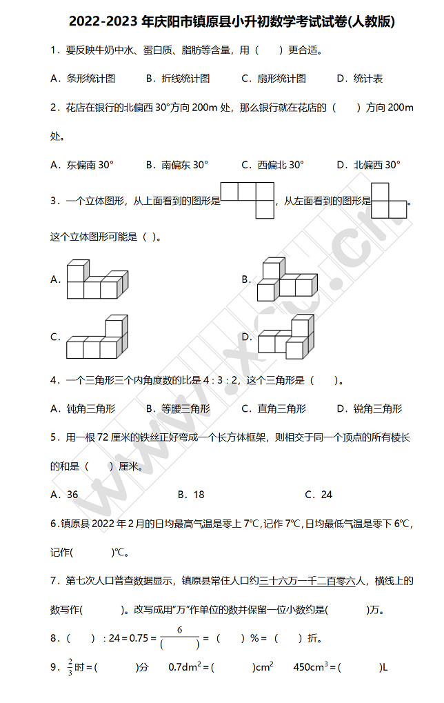 2022 2023年庆阳市镇原县小升初数学考试试卷真题及答案人教版小升初网